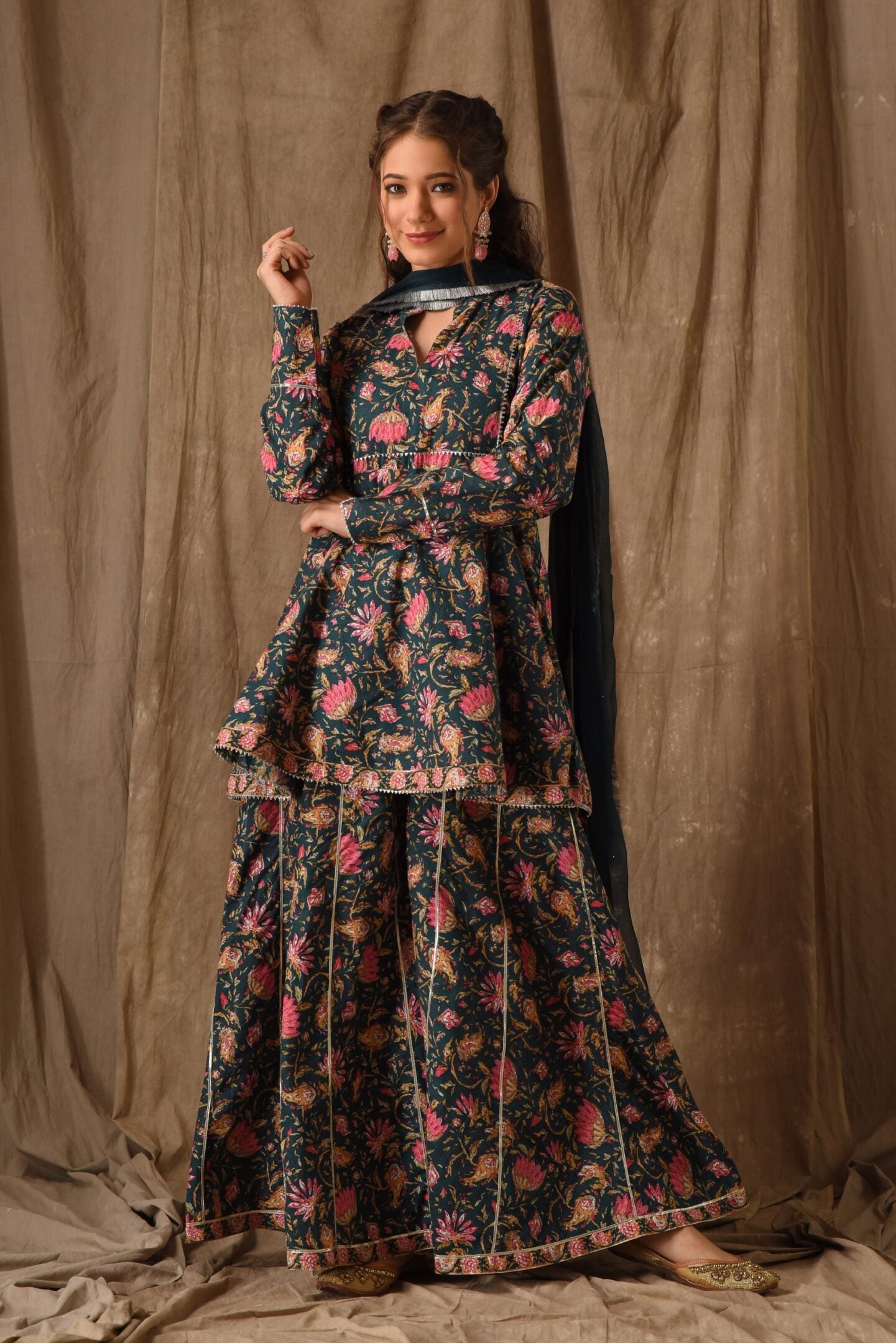 Teal Floral Sharara Set – DIMPLE DESIGN STUDIO