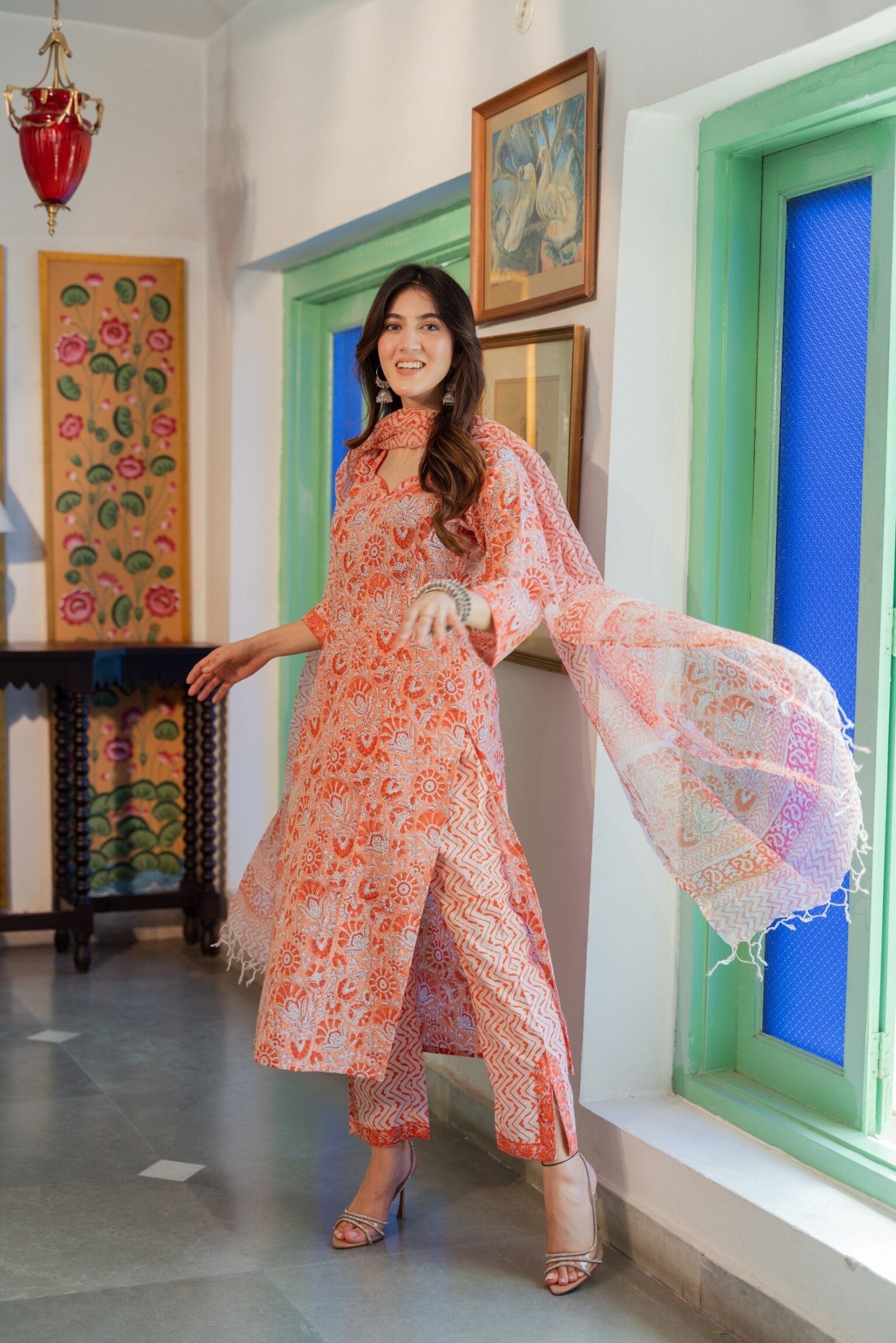 Orange handblock suit set – DIMPLE DESIGN STUDIO